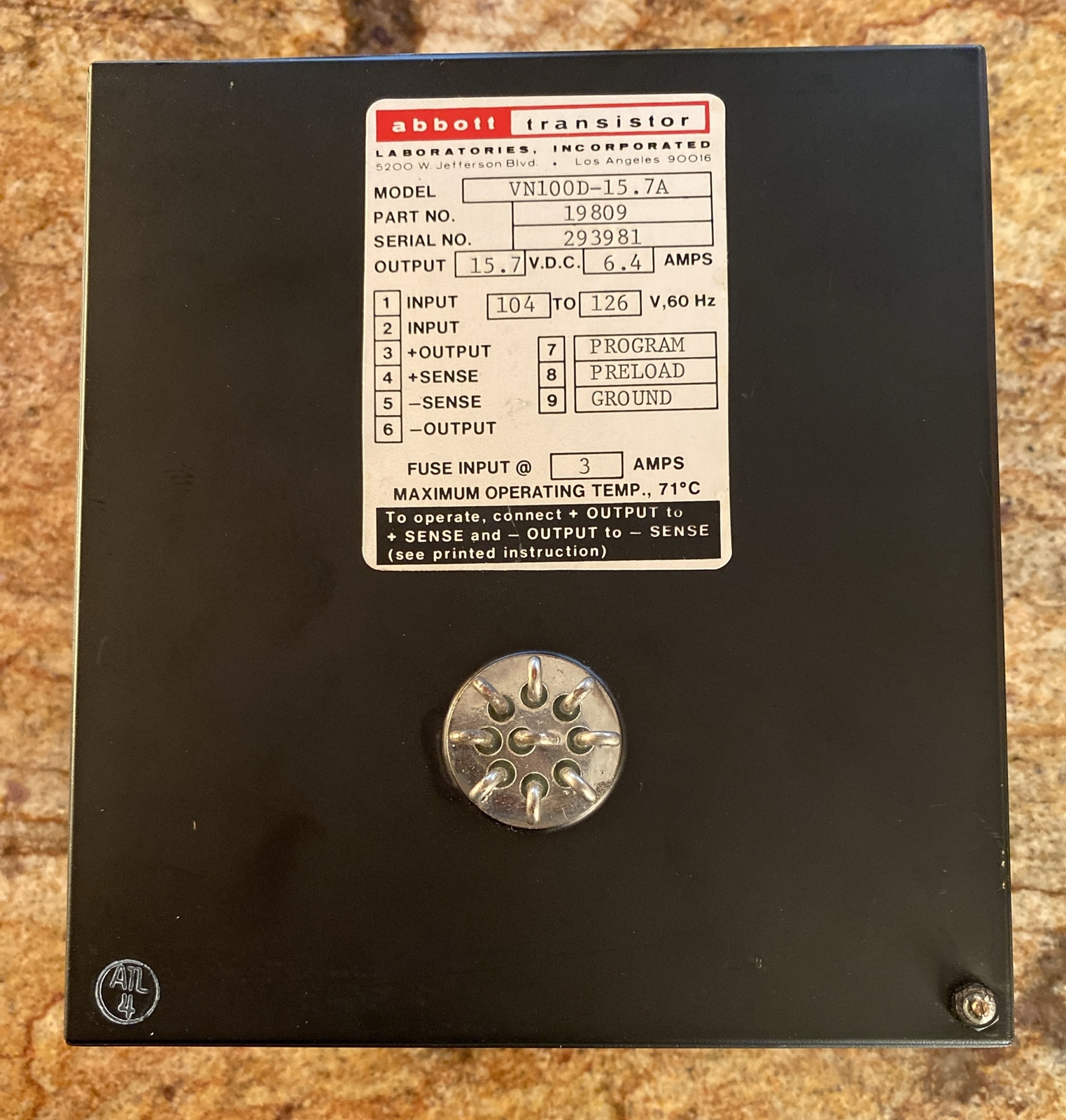 Abbott Transistor VN100D-15.7A 19809 15.7 VDC 6.4 Amps Power Supply115 ...