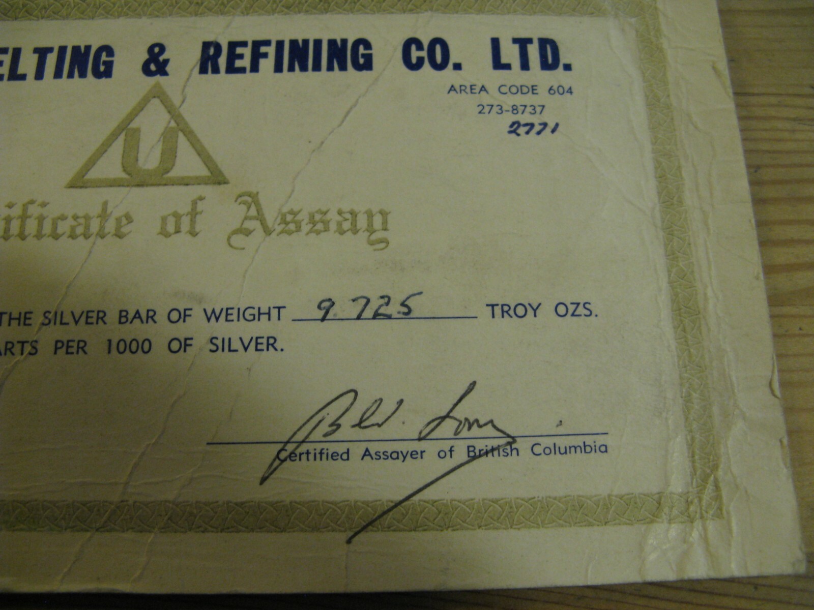 Vintage Delta Smelting & Refining Assay Certificate for Silver Bar 9. ...