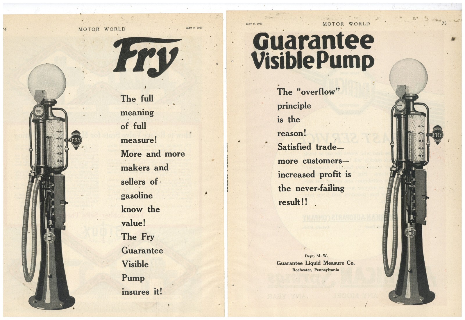 1923 Guarantee Liquid Measure Co. 2 Sep. Pg. Ad: Fry Visible Gas Pump ...