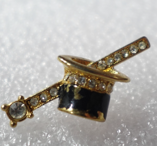 Magician Hat and Wand Brooch Black Gold Rhinestone Costume Jewelry ...
