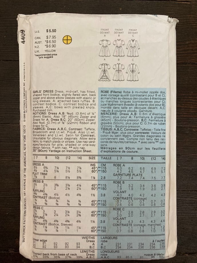 Butterick 4409 Vtg 90s Girls Party Dress First Communion Confirmation 7 ...