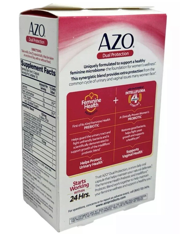 2x AZO DUAL PROTECTION URINARY & VAGINAL SUPPORT 24HR 30x2= 60 Capsules ...