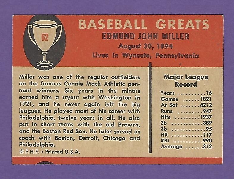 1961 Fleer Baseball Greats - #62 Bing Miller - Ex | eBay