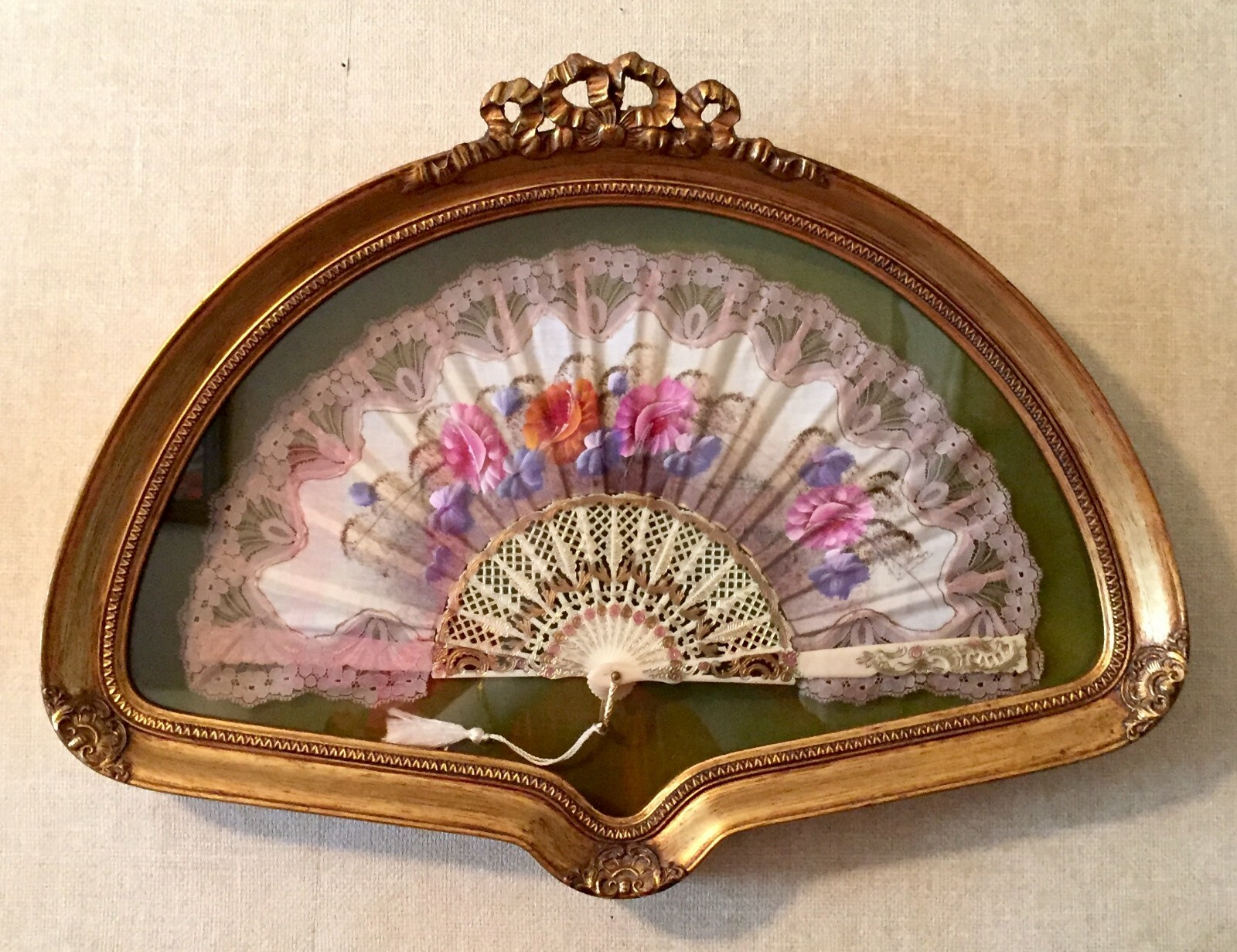 Antique Hand-Painted Fan in Hand-Carved Gilded Shadow Box Near Mint ...