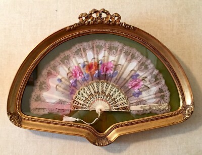 Antique Hand-Painted Fan in Hand-Carved Gilded Shadow Box Near Mint ...