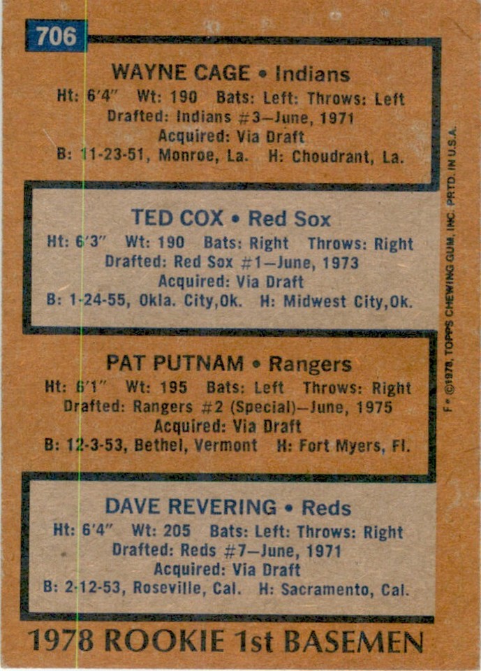 1978 Topps Baseball Rookie First Basemen - Wayne Cage/Ted Cox/Pat ...
