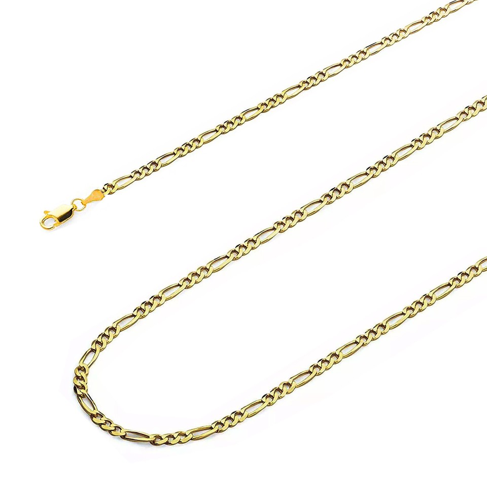 14K Solid Yellow Gold Necklace 2/2.5/4.2mm Figaro Chain Link +Lobster ...