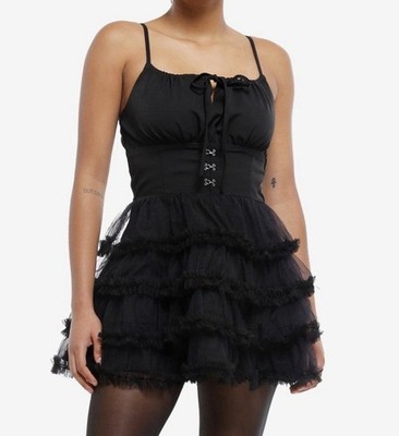 Hot Topic Dress Size L Black Corset Tiered Tulle Ruffle Cami Goth ...