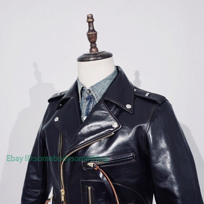 Men's Veg-Tanned Tea-Core Horsehide Leather Jacket Retro Biker ...