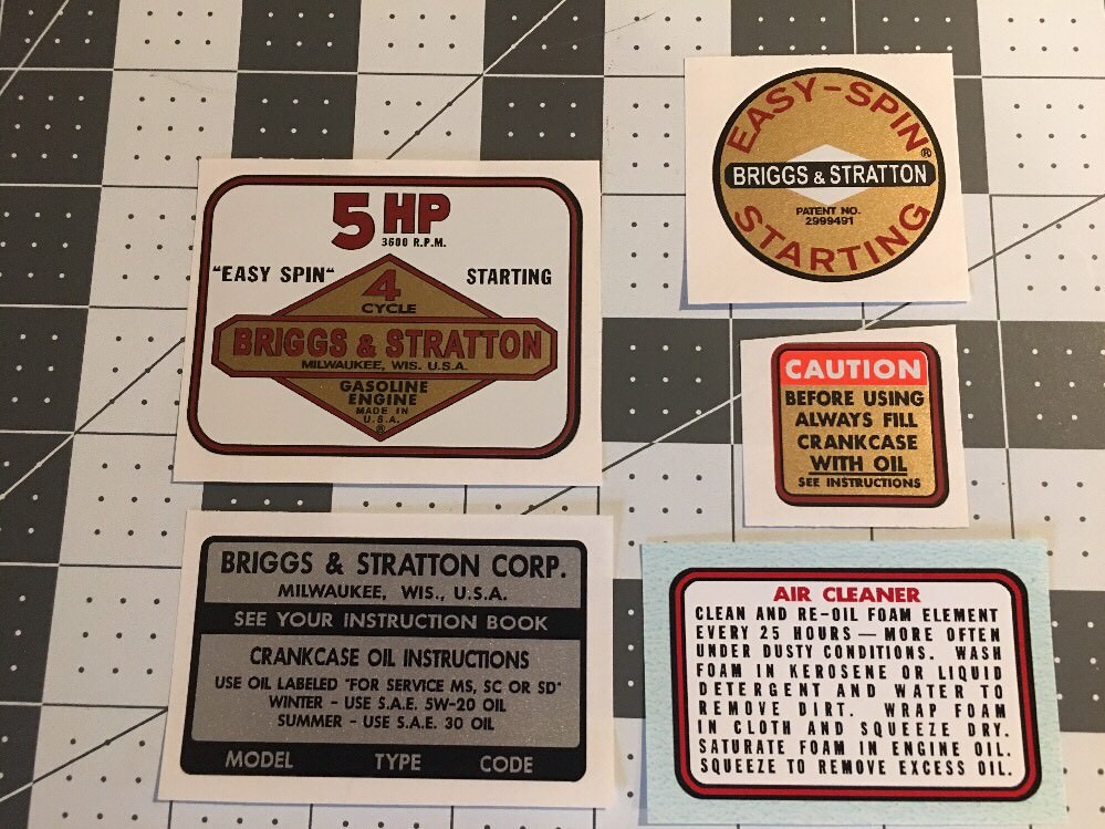 Briggs Stratton 5hp Mustang Snapper Vertical engine-decals.com set of 5 ...