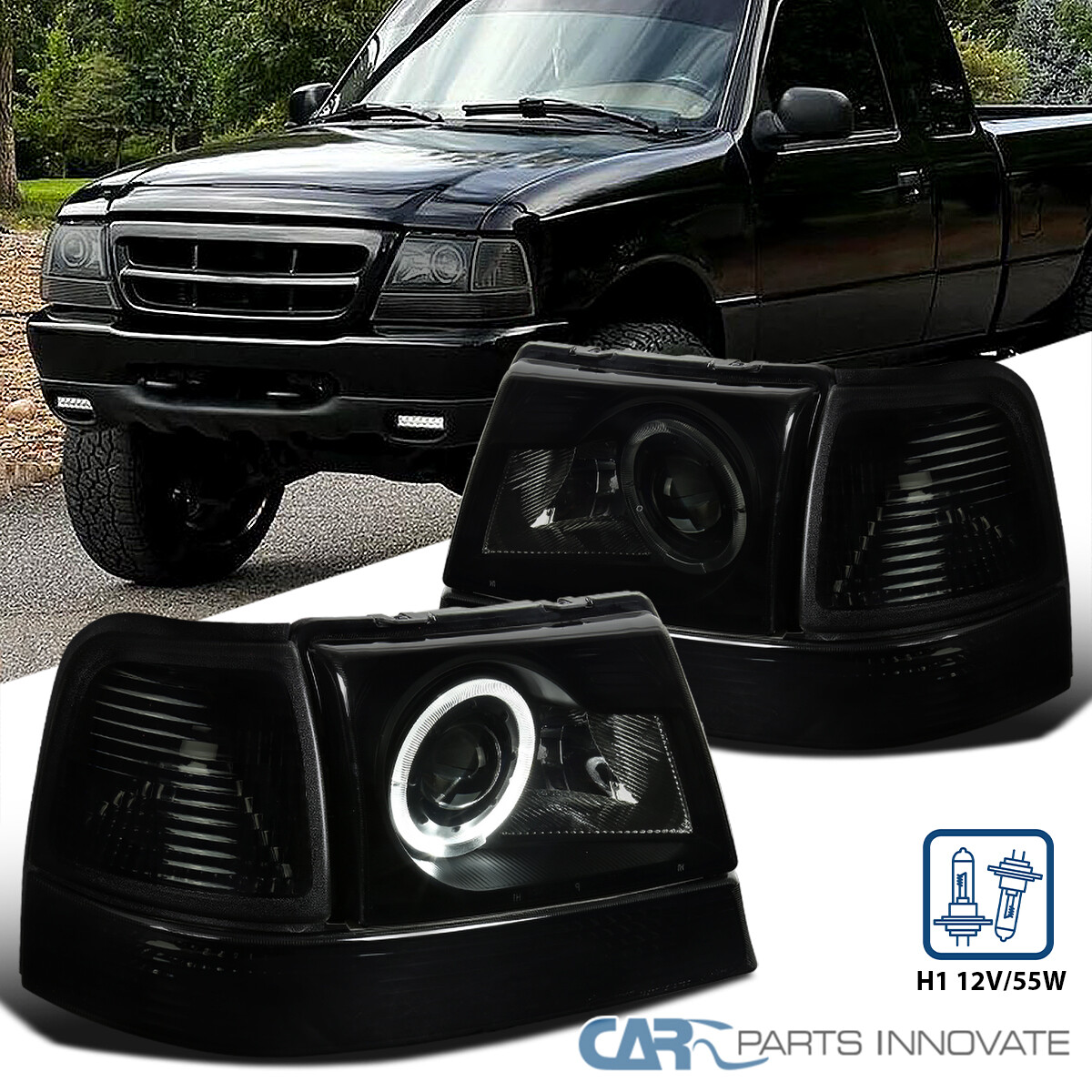 Fit 1998-2000 Ford Ranger LED Halo Black Smoke Projector Headlights ...
