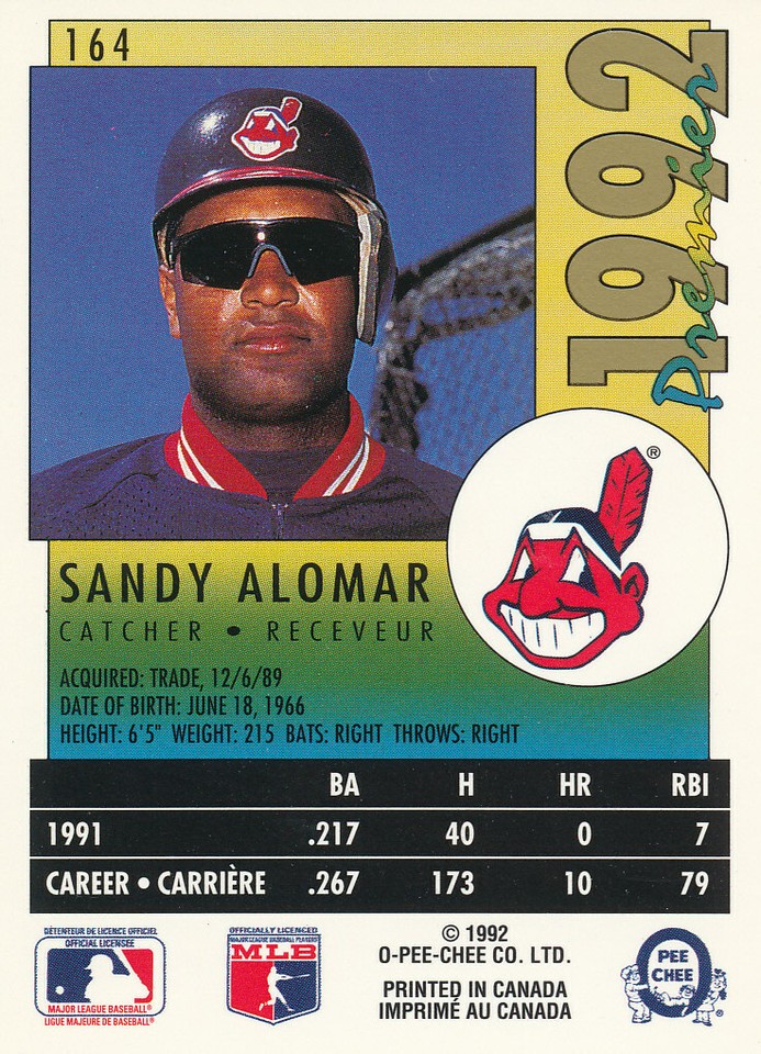 Sandy Alomar Jr 1992 O-Pee-Chee Premier #164 Indians Baseball Card | eBay
