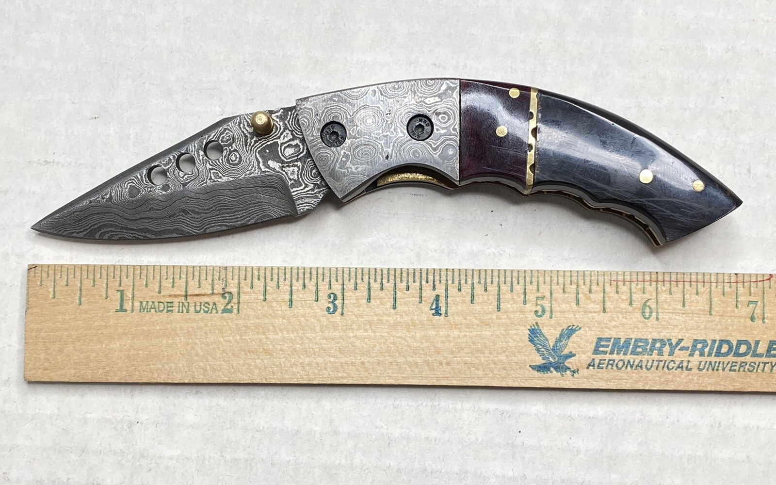 Stauer Damascus Steel Curva Folding Knife W/Leather Sheath - Buffalo ...