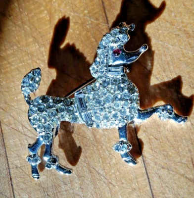 Vintage Silver Metallic Clear Rhinestone French Poodle Dog Pin Brooch ...