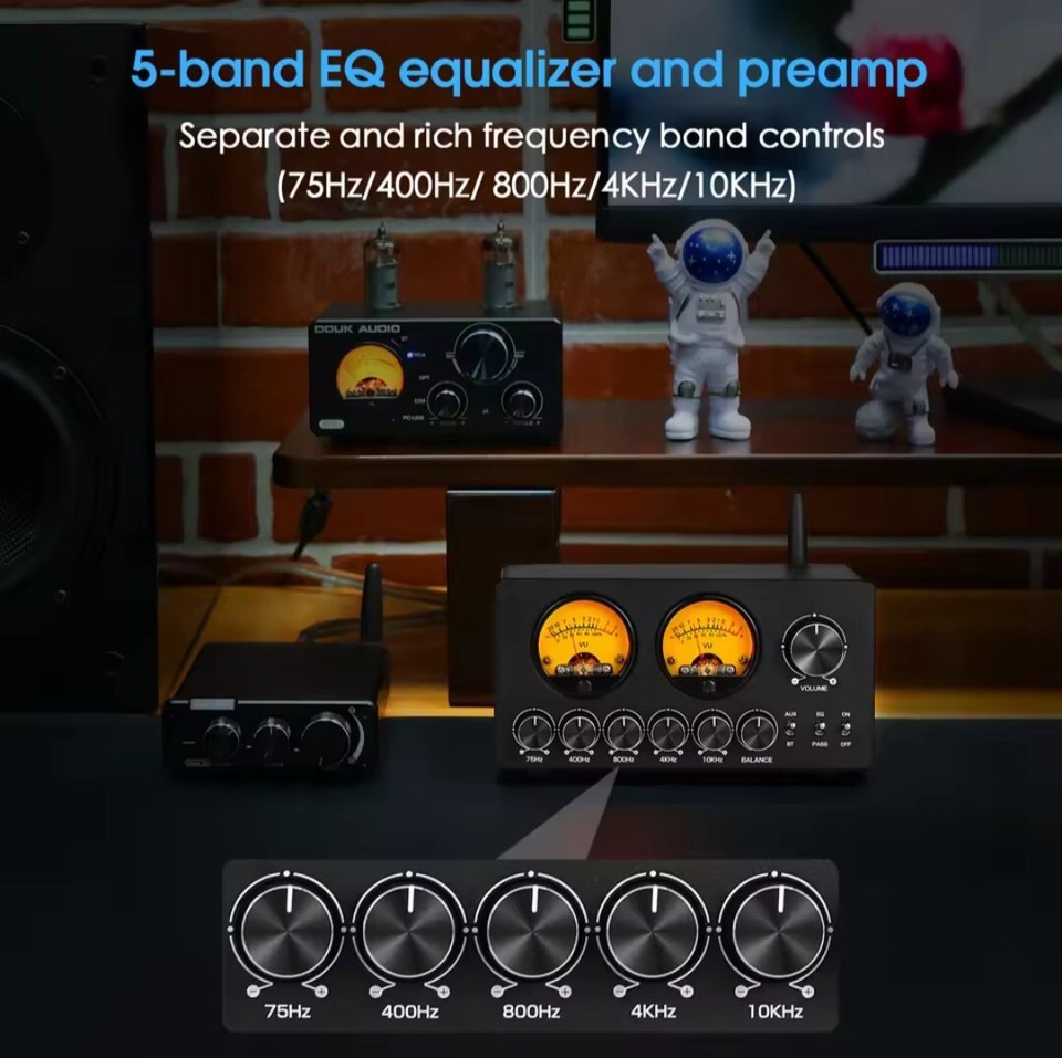Douk Audio EQ5 PRO Mini 5 Band EQ Preamp Stereo Bluetooth Equaliser VU ...