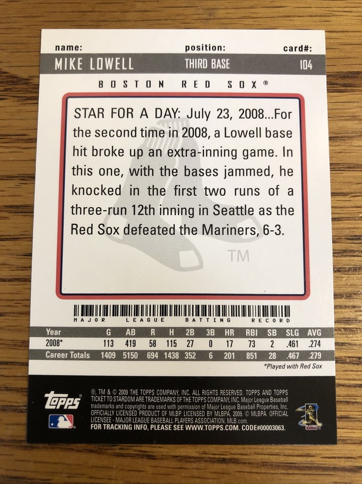 Mike Lowell 2009 Topps Ticket To Stardom Red Sox #104 *A805* | eBay