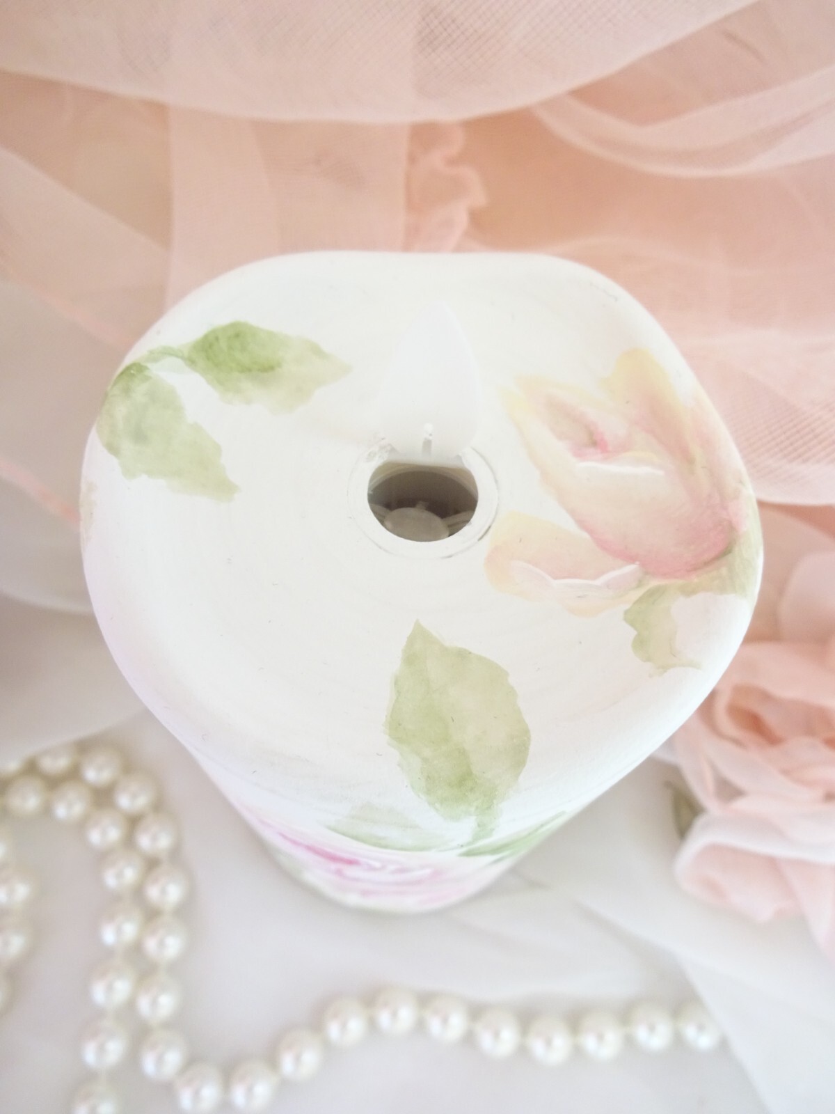 PINK ROSES BO TIMER PILLAR CANDLE Hand Painted DAS hp chic shabby ...