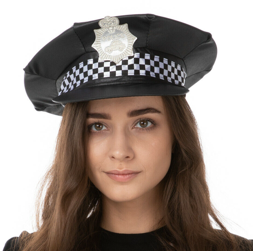 UNISEX BLACK CHECKERED POLICE UK HAT CAP FANCY DRESS COSTUME ACCESSORY ...
