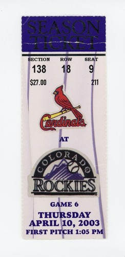 Rockies Triple Play Ticket, 4/10/03 Rockies vs Cardinals Ticket | eBay