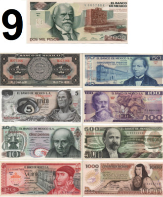 UNCIRCULATED MEXICO SET 9 BANKNOTES LOT 70'S 80'S 5 10 20 50 100 500 ...