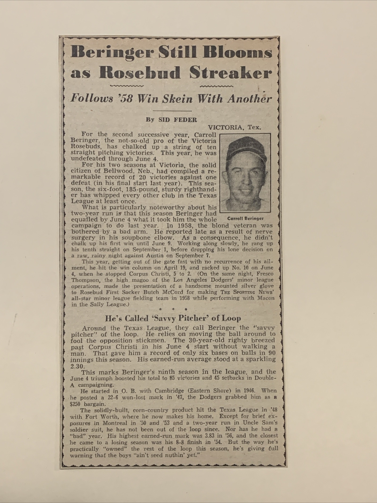 C.B. Beringer Victoria Rosebuds 1959 Sporting News Baseball 4X8 Panel ...