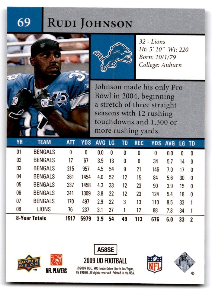 2009 Upper Deck Rudi Johnson Detroit Lions #69 | eBay