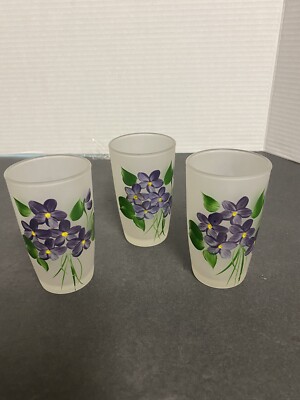 Set Of 3 Vintage Frosted Glasses Hand painted Violets Juice Glasses ...