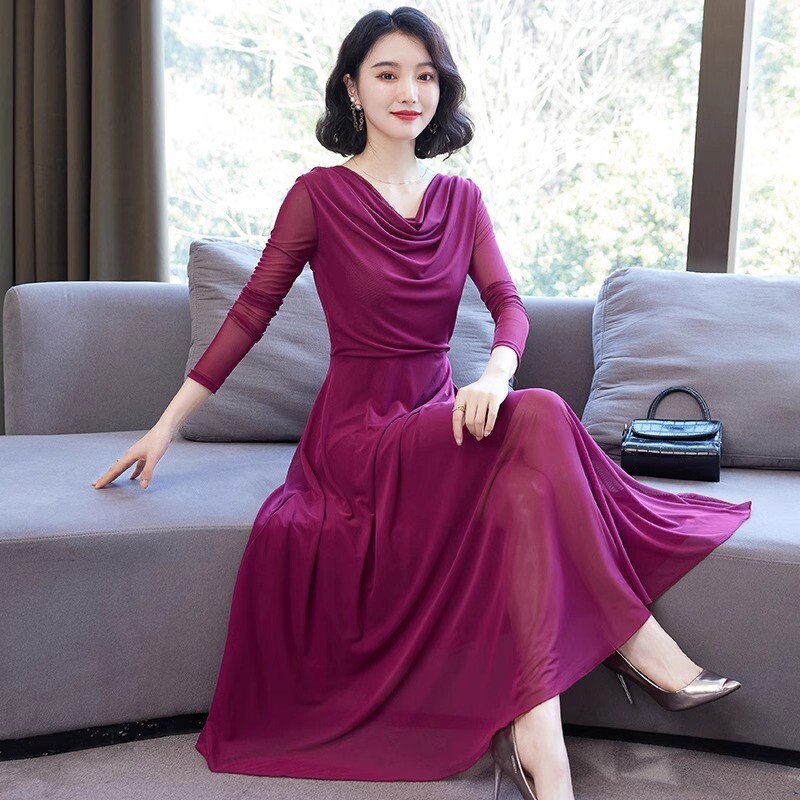 Women Mesh Dress Pleated Long Sleeve Midi Dress A-line Party Half Dress ...