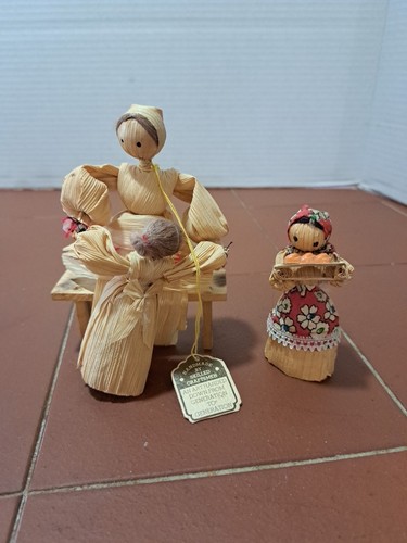 2- Vintage Handmade Corn Husk Straw Doll Figurine w/Tag Wallace Berrie ...