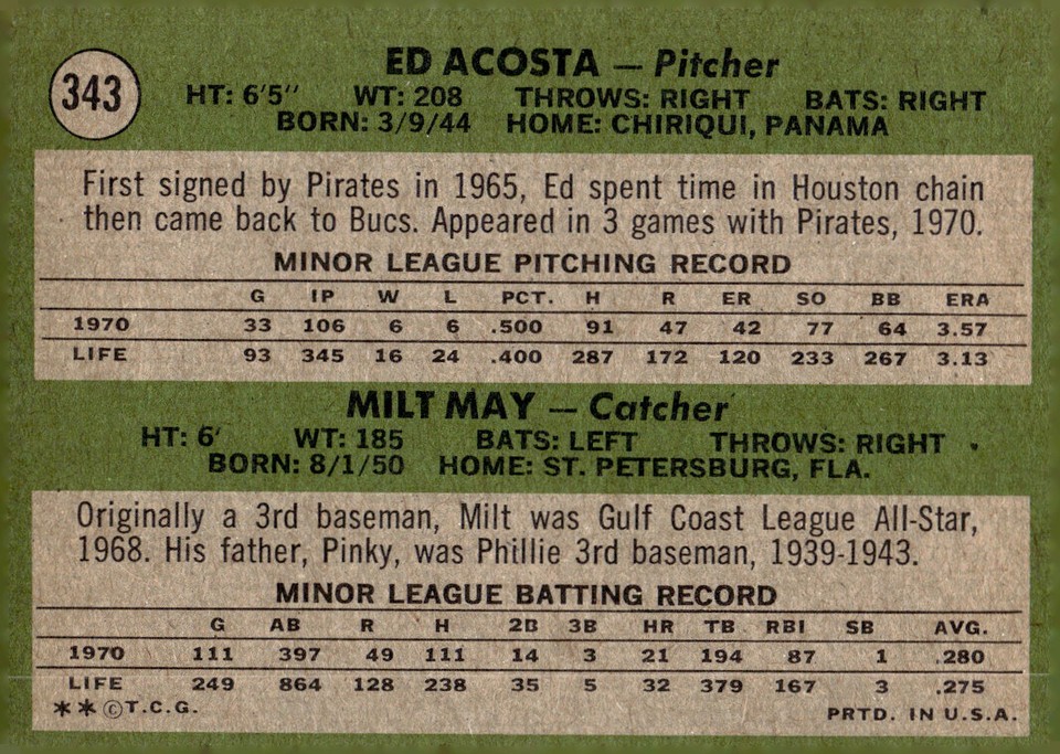 1971 Topps - #343 Pirates Rookies - Ed Acosta / Milt May RS, RC EX | eBay