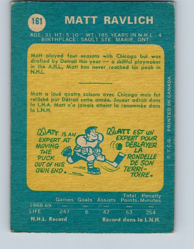 VINTAGE HOCKEY CARD 1969 OPC DETROIT RED WINGS MATT RAVLICH NO10 | eBay