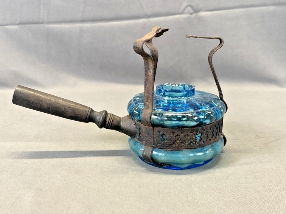 Antique French Alcohol Spirit Lamp - Rare Blue Glass Tank Wood Handle ...