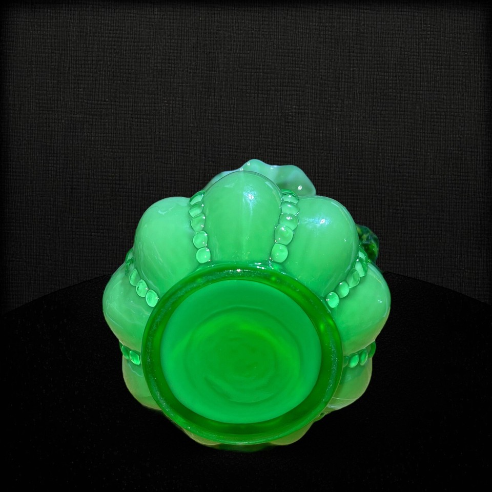6” FENTON Glass Pitcher Vase Beaded Melon Green Overlay Vintage ...