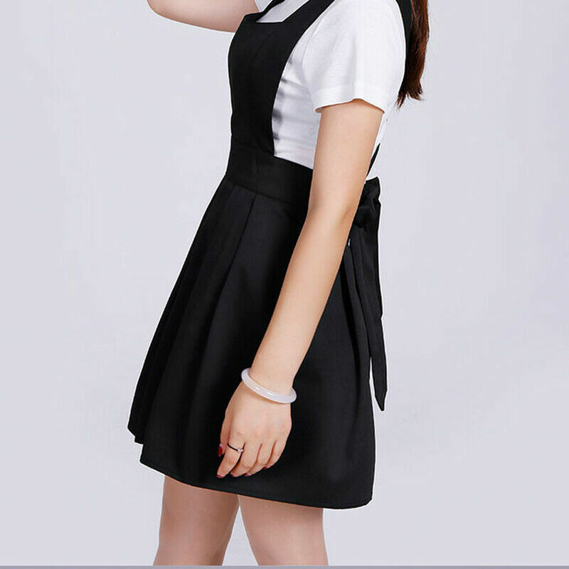Lady Bib Apron Solid Pocketed Pleated Waitress Uniform Home Workwear ...