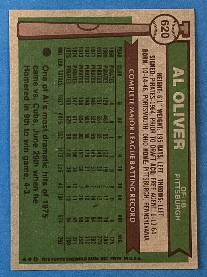 1976 Topps Baseball Card #620 Al Oliver NM/MT Pittsburg Pirates | eBay