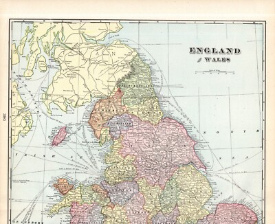 1900 Antique ENGLAND & WALES Map George Cram Atlas Map of England 1056 ...