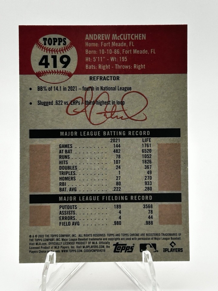 2022 Topps Chrome Platinum Anniversary #419 Andrew McCutchen Refractor ...