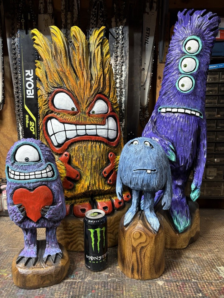 3-Eyed PURPLE Monster Chainsaw Carving BLACK WALNUT WOOD Monster Dude ...