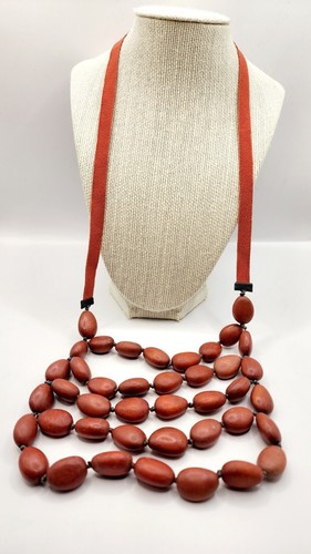 Long Rust Coloured Beads on Ribbon Necklace | eBay
