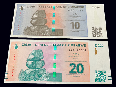 Zimbabwe $10 & $20 Zig 2024 Gold Backed Uncirculated Banknote QR Code ...