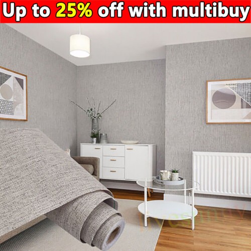 Plain Grey Textured Wallpaper Embossed Thick.Woven Linen Effect Wall ...