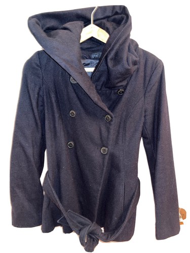 Zara Basic Hooded Belted Navy Blue Wool Peacoat sz XS | eBay