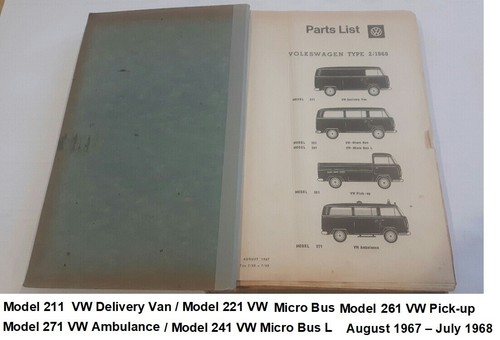 VW Volkswagen Type 2 Microbus Parts List Book August 1967 - 1969 ...