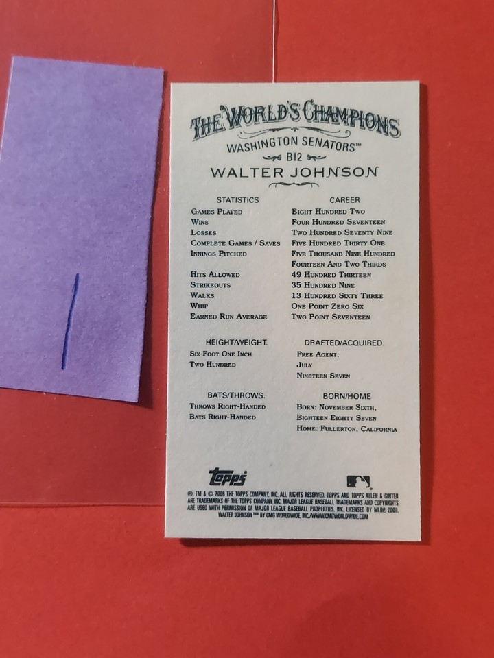 2008 Topps Allen and Ginter Mini Baseball Icons #BI2 Walter Johnson ...