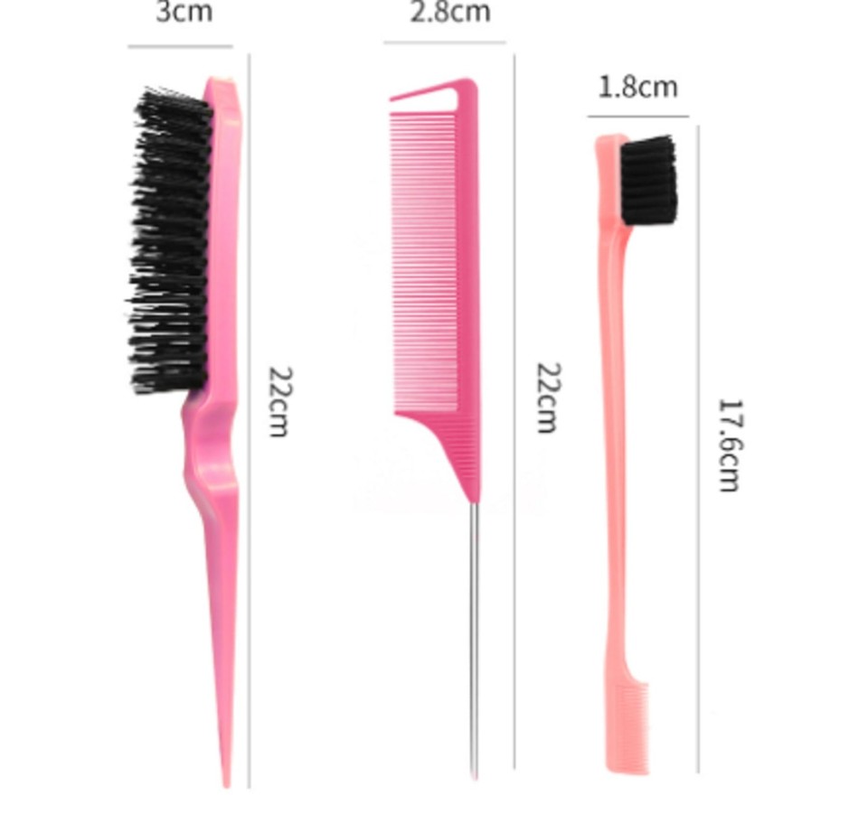 3 Pcs Pink Slick Back Hair Brush Set Edge Brush Rat Tail Teasing Middle ...