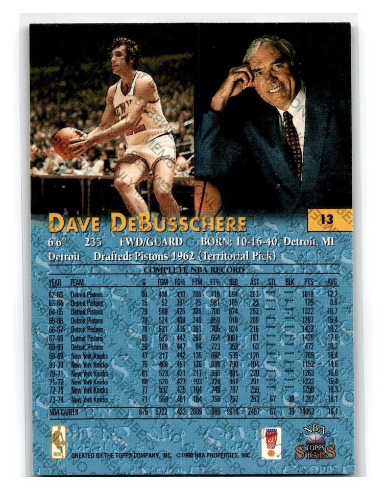 1996-97 Topps NBA Stars #13 Dave DeBusschere Members Only - New York ...