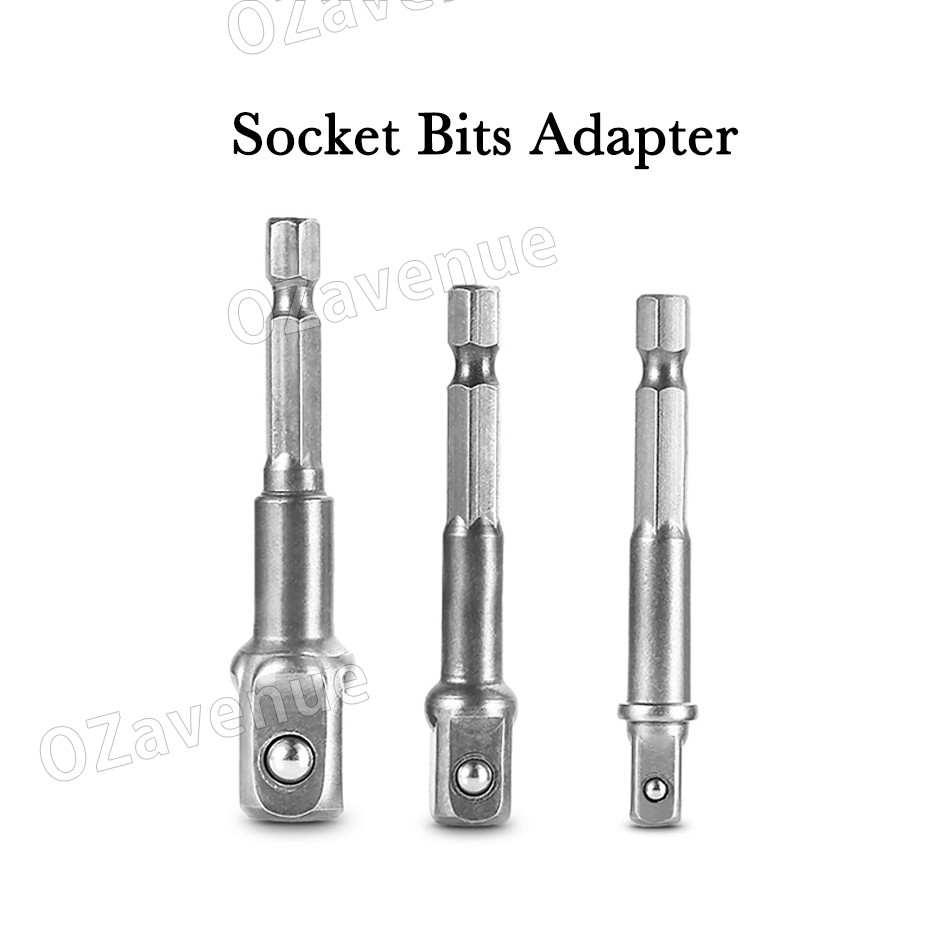 3Pc Drill Socket Adapter Set 1/4" 3/8" 1/2" Nut Driver Hex Shank Impact ...