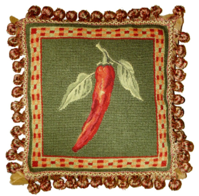 12" x 12" Handmade Wool Needlepoint Petit Point Red Chili Pillow with ...