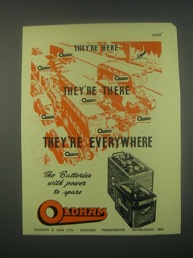 1949 Oldham Batteries Ad - They're here They're There They're ...