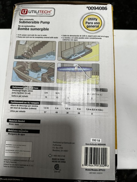 Utilitech 0094086 1/3 HP 1800 GPH Submersible Utility Pump Ppu33 for ...